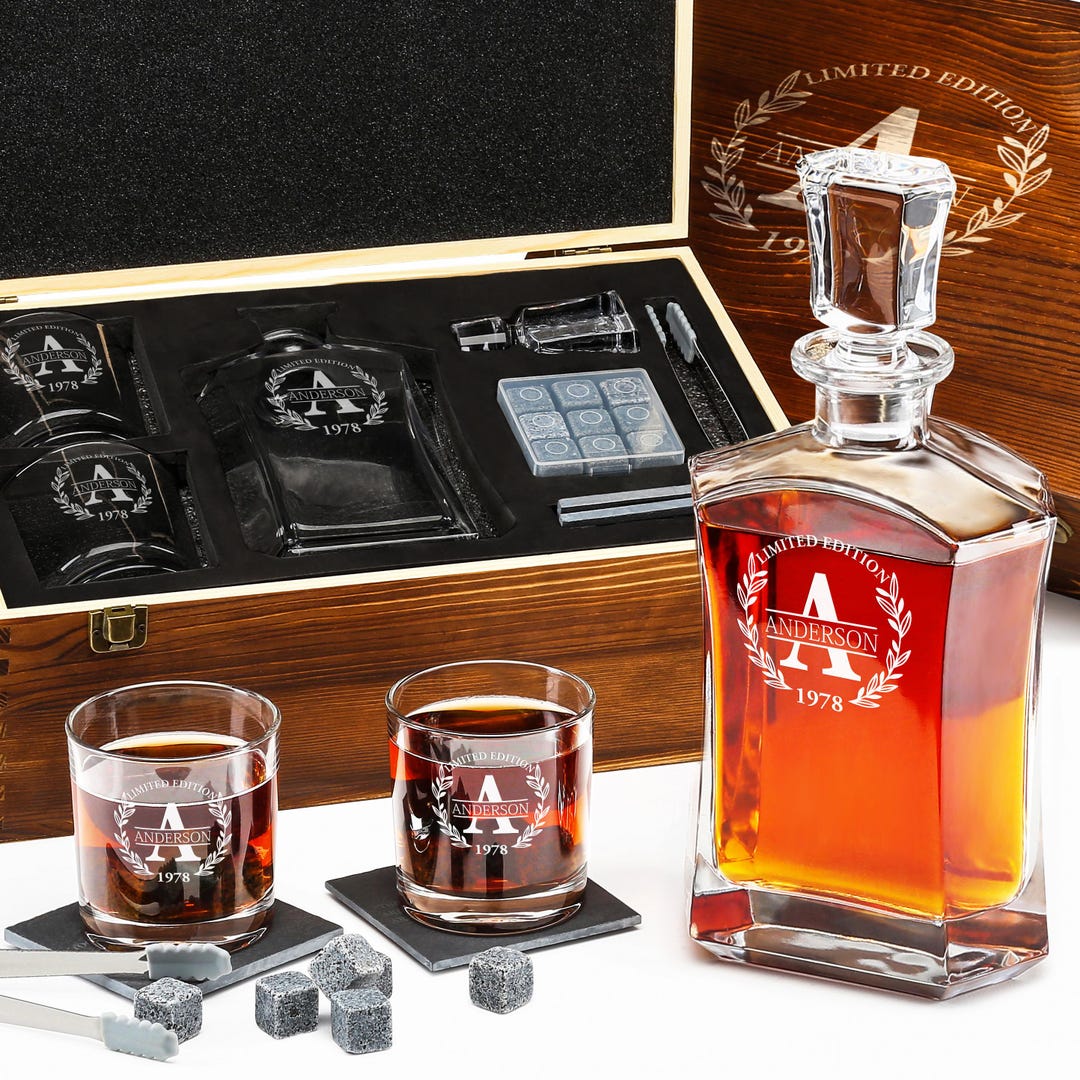 Personalized Whiskey Decanter Set: Engraved Glasses, Granite Stones ...