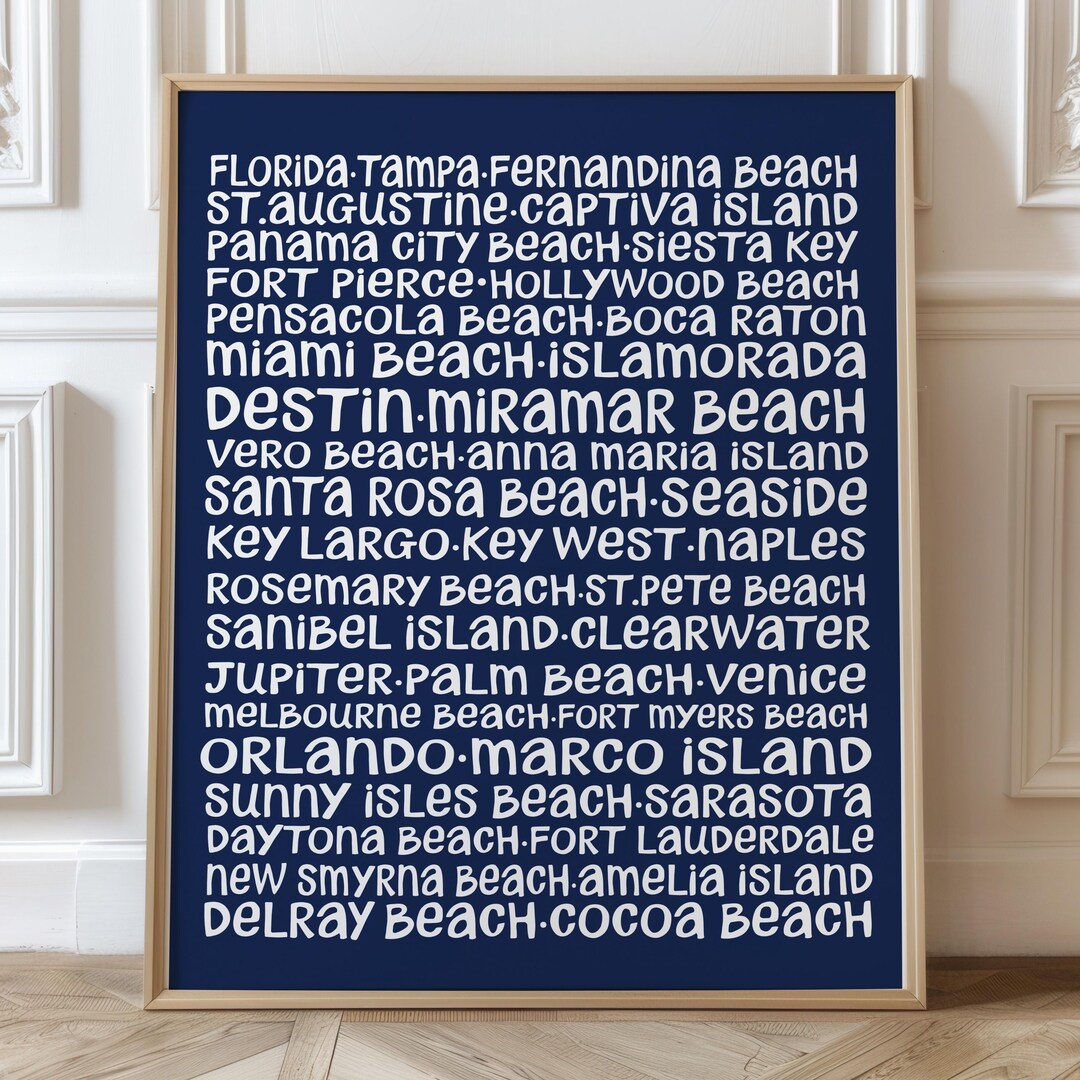 Florida Typography Art Print Featuring Coastal Town Names, Nautical ...