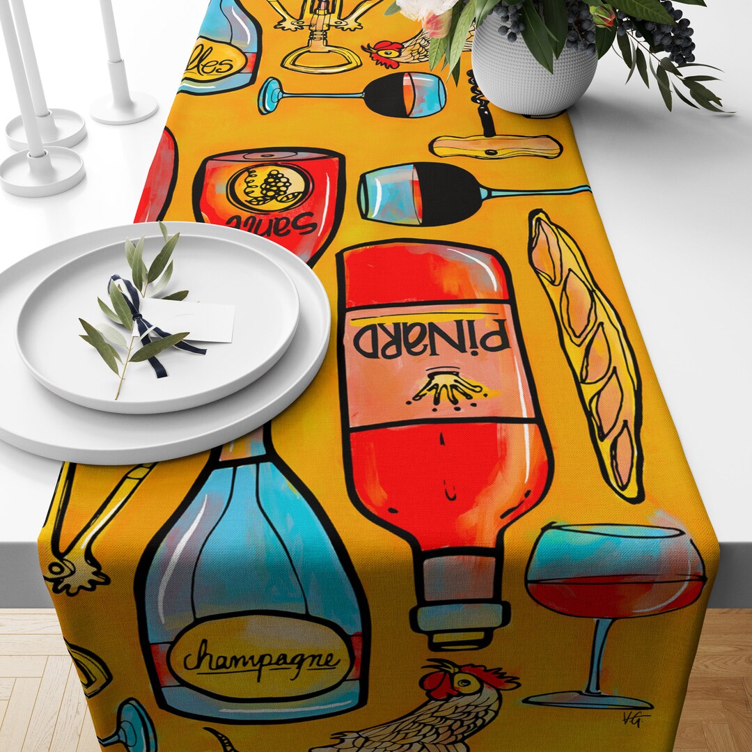 Dining Table Runner, Wine and Chickens, Whimsical and Colorful Kitchen ...