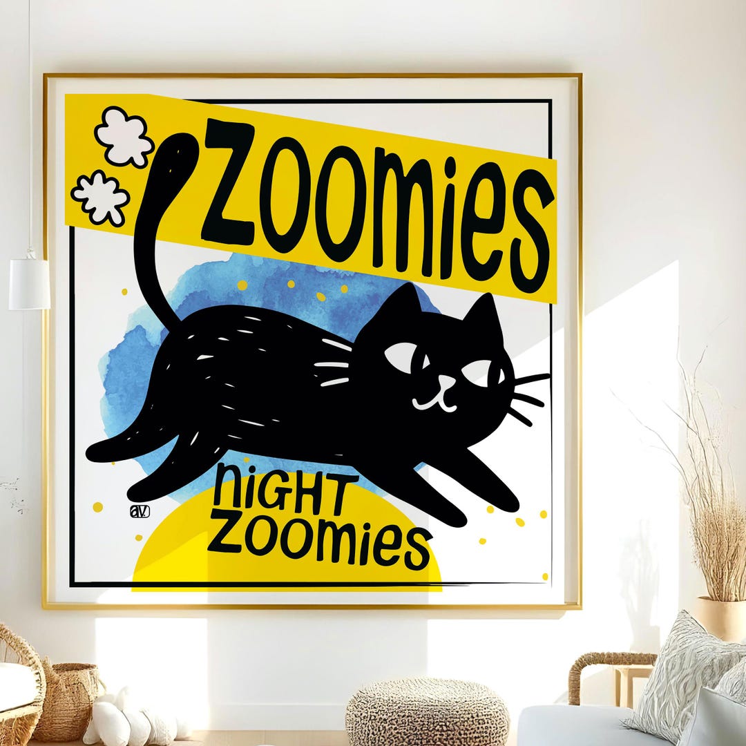 Zoomies Cat Art Print Hilarious Black Cat Illustration, Whimsical ...