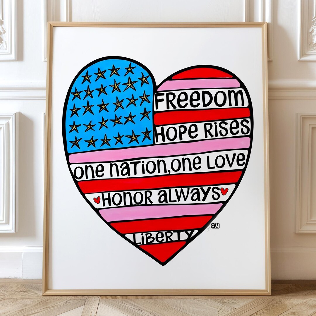 American Heart Art Print - Patriotic USA Wall Decor, Red White Blue ...
