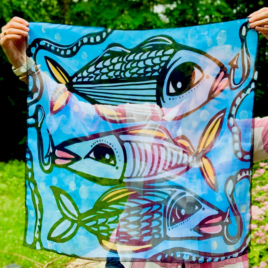 Fish Scarf, Cheerful Blue Sea Sheer Scarf, Fun Fish Light Shawl, Happy ...