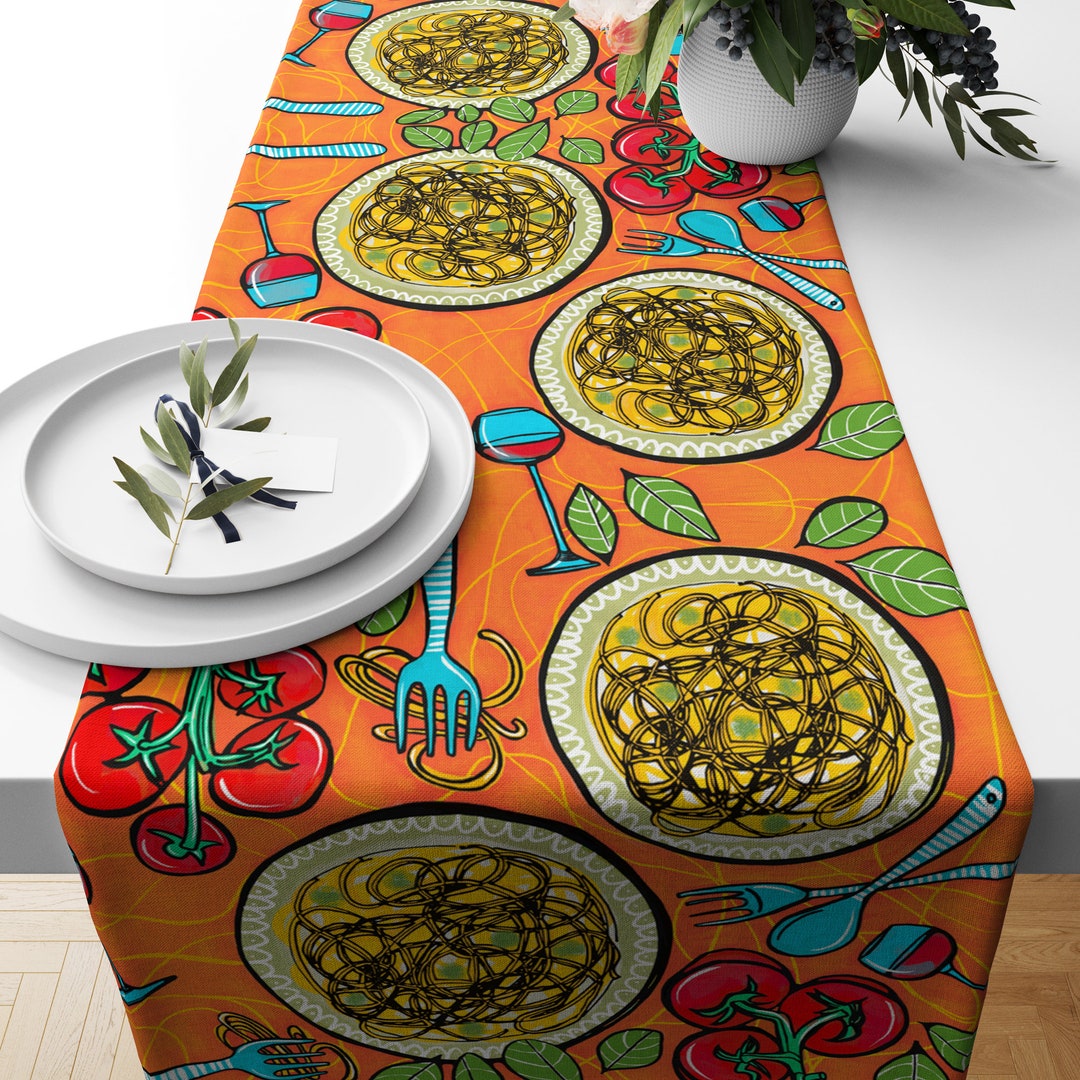 Colorful Table Runner, Italian Dinner - Pasta and Red Wine, Bright ...