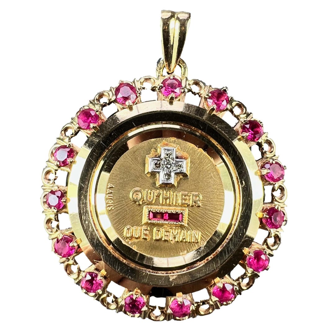 Large Augis Plus Qu’hier Ruby Halo 18K Yellow Gold Love Medal Pendant ...