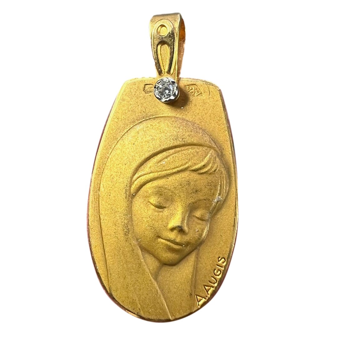 French Augis Virgin Mary 18K Yellow Gold Diamond Religious Medal ...