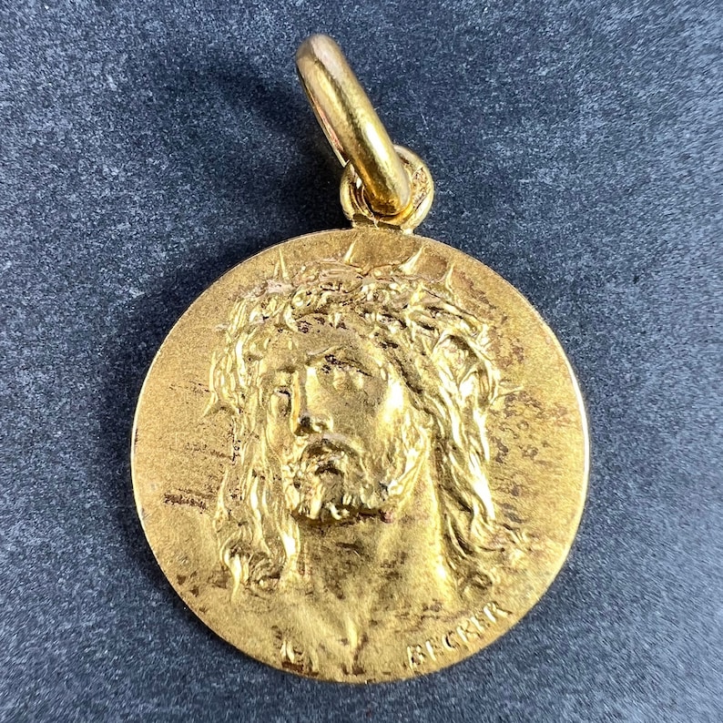 French Becker 18K Yellow Gold Jesus Christ Crown of Thorns Medal Charm ...