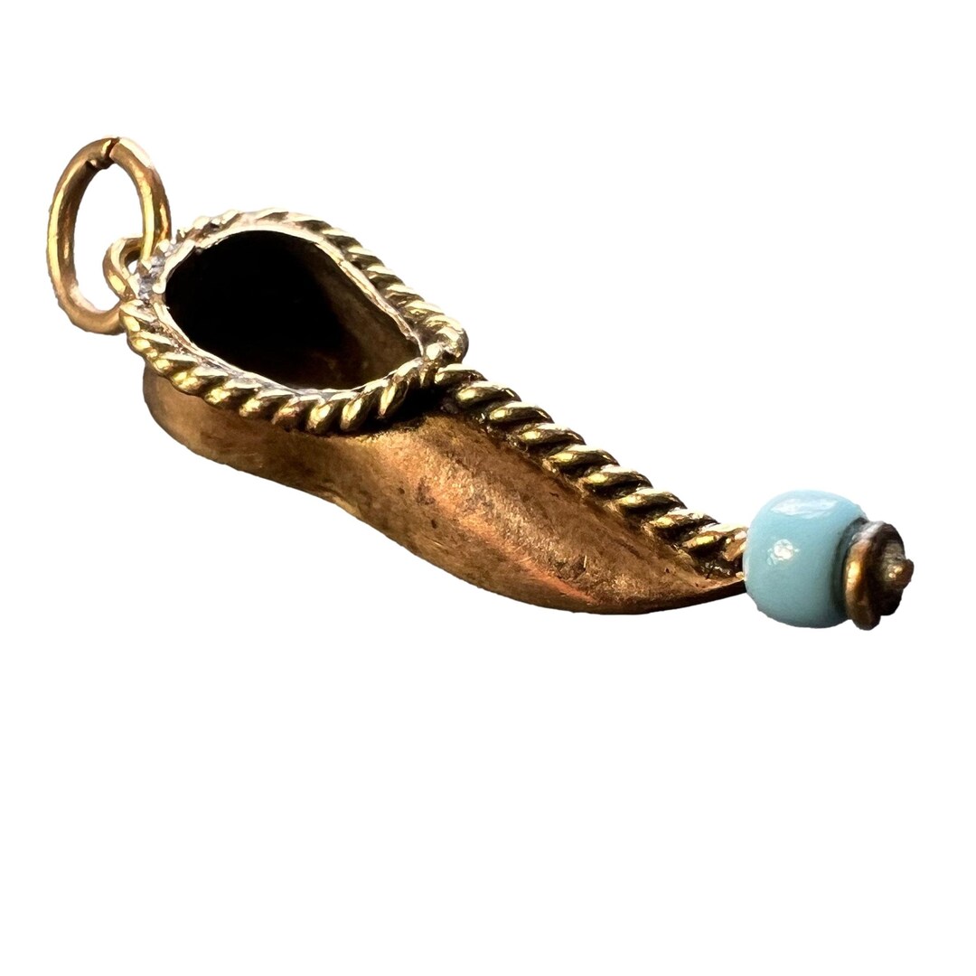 Curled Toe Shoe 14K Yellow Gold Blue Bead Charm Pendant - Etsy
