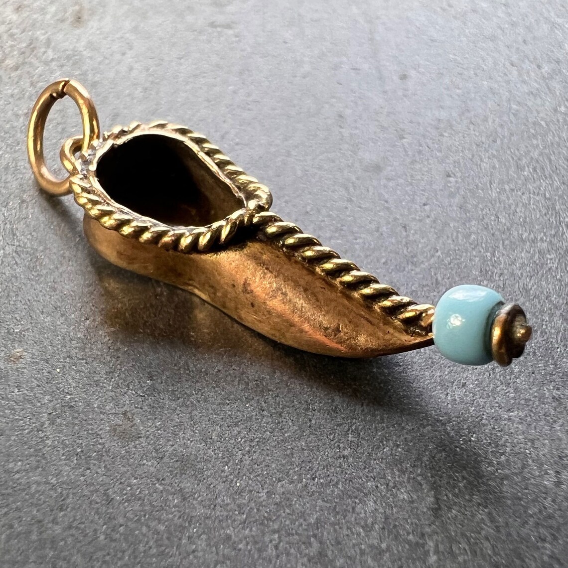 Curled Toe Shoe 14K Yellow Gold Blue Bead Charm Pendant - Etsy