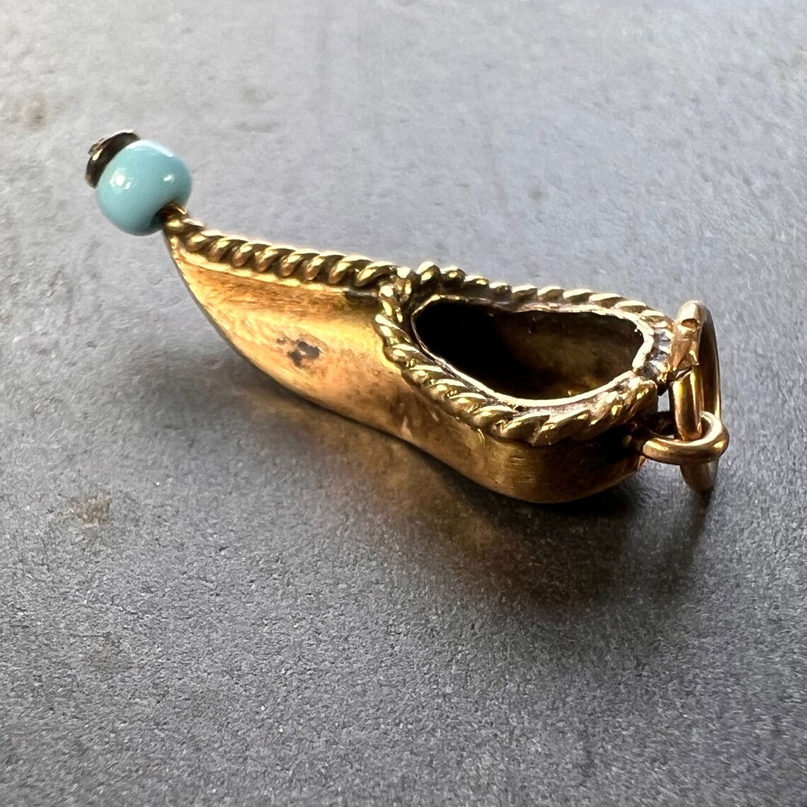 Curled Toe Shoe 14K Yellow Gold Blue Bead Charm Pendant - Etsy