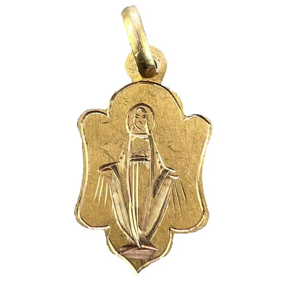 French Virgin Mary 18K Yellow Gold Antique Engraved C… - Gem
