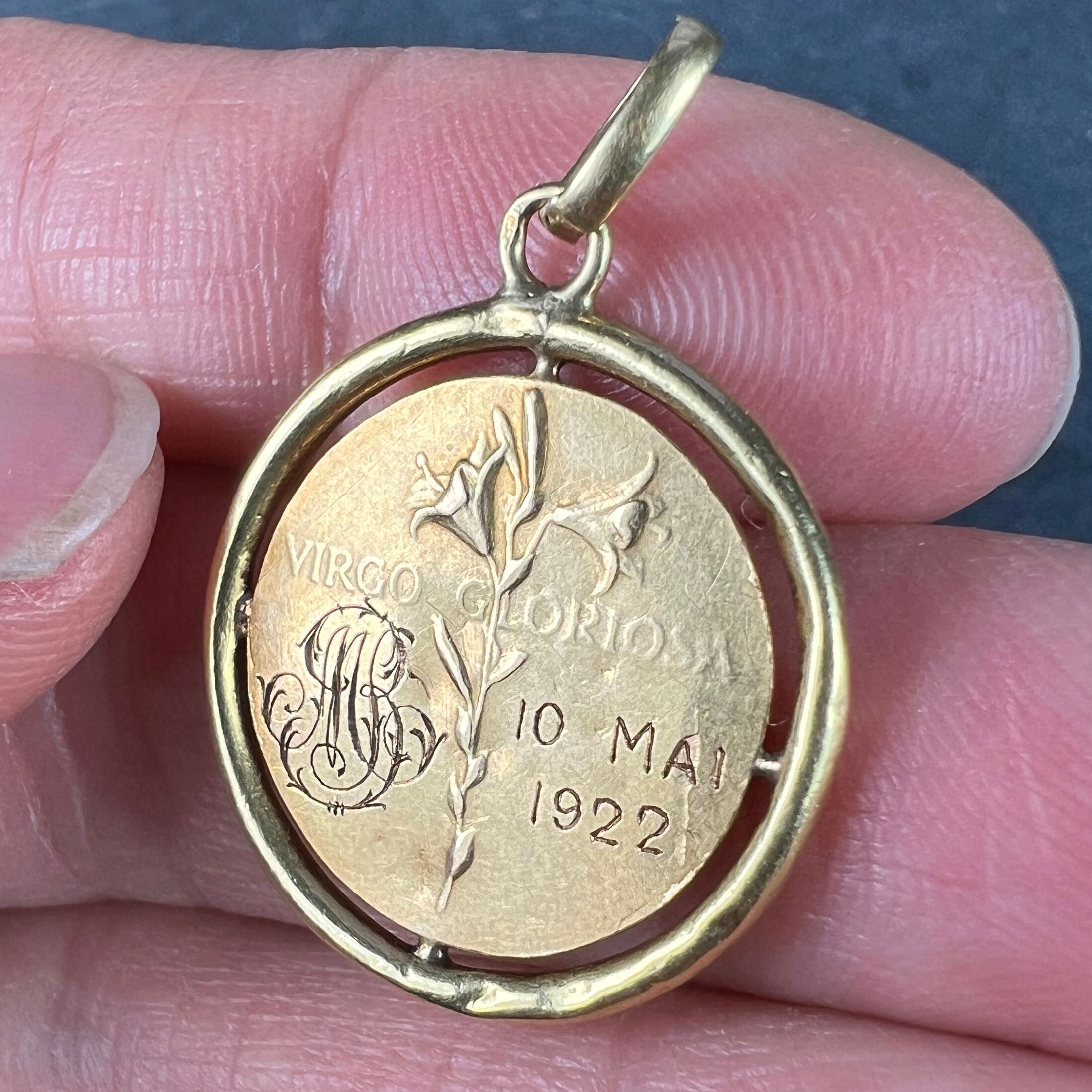 French Dropsy Virgin Mary Virgo Gloriosa 18K Yellow Gold Medal Pendant ...