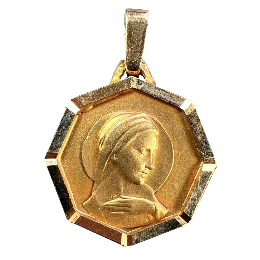 French Virgin Mary Octagonal 18K Yellow Gold Medal Charm Pendant - Etsy