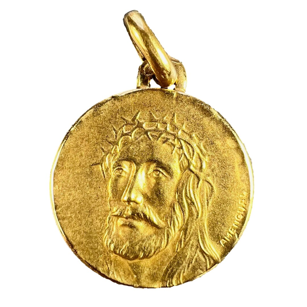 French Jesus Christ Crown of Thorns 18K Yellow Gold Medal Charm Pendant ...