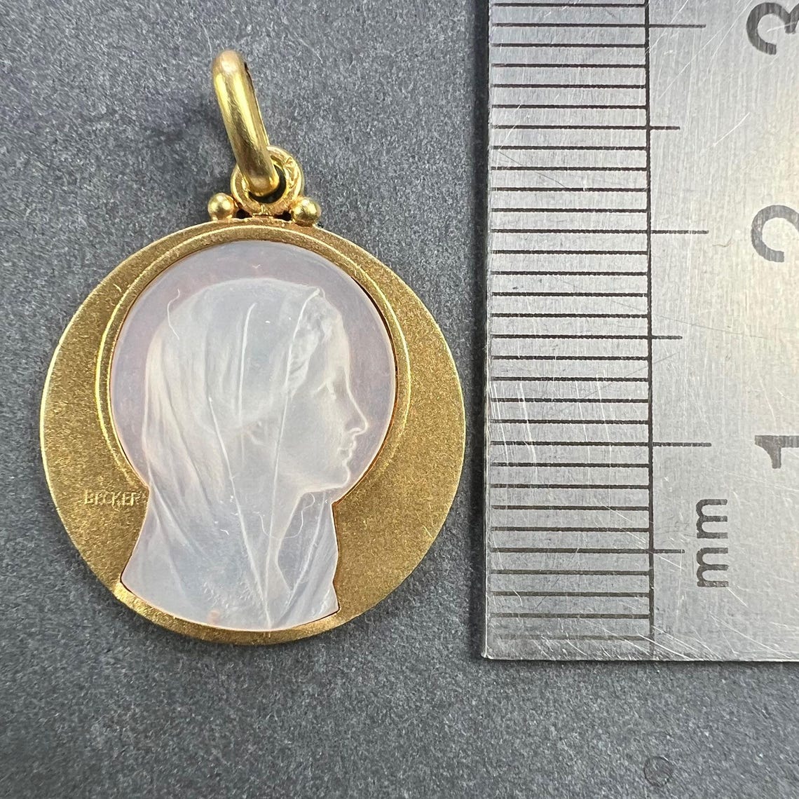 French Becker Virgin Mary Mother of Pearl 18K Yellow Gold Charm Pendant ...