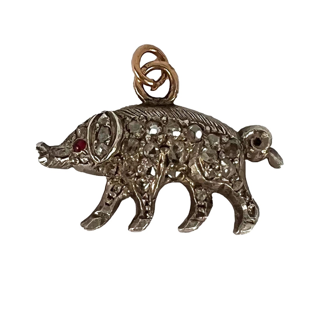 Antique 18K Rose Gold Silver Ruby Diamond Pig Charm Pendant - Etsy