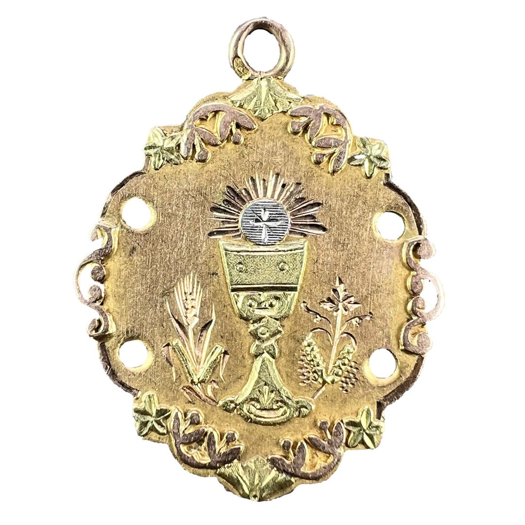 Antique French First Communion Chalice 18K Yellow Rose White Gold Charm ...