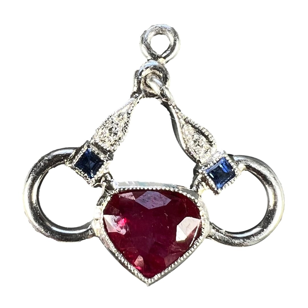 Art Deco Love Heart Snaffle Bit Platinum Diamond Sapphire Ruby Charm ...