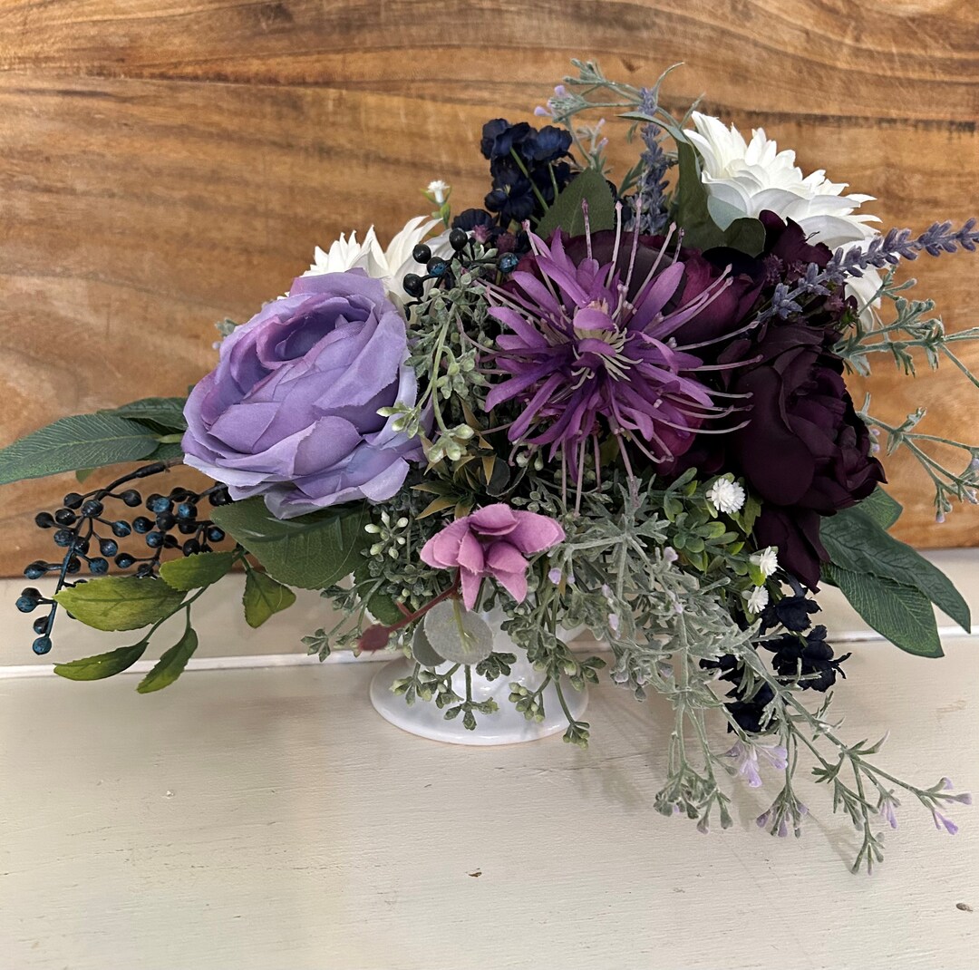 Spring Flowers, White Ceramic Pot, Offset Style, Eggplant, Lavender and ...