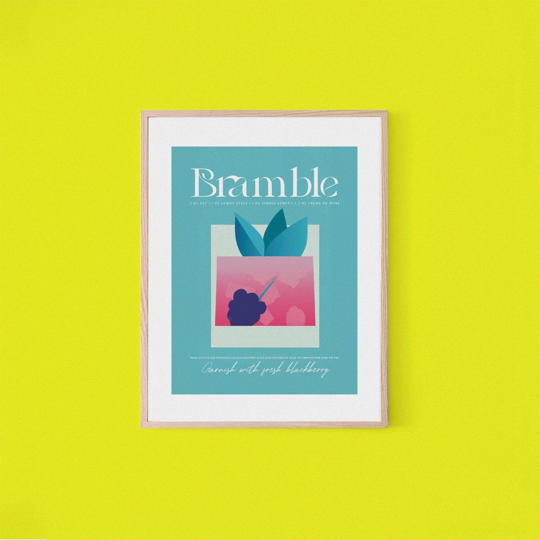 Bramble Blue Cocktail Poster Retro Bar Wall Art Recipe Housewarming ...
