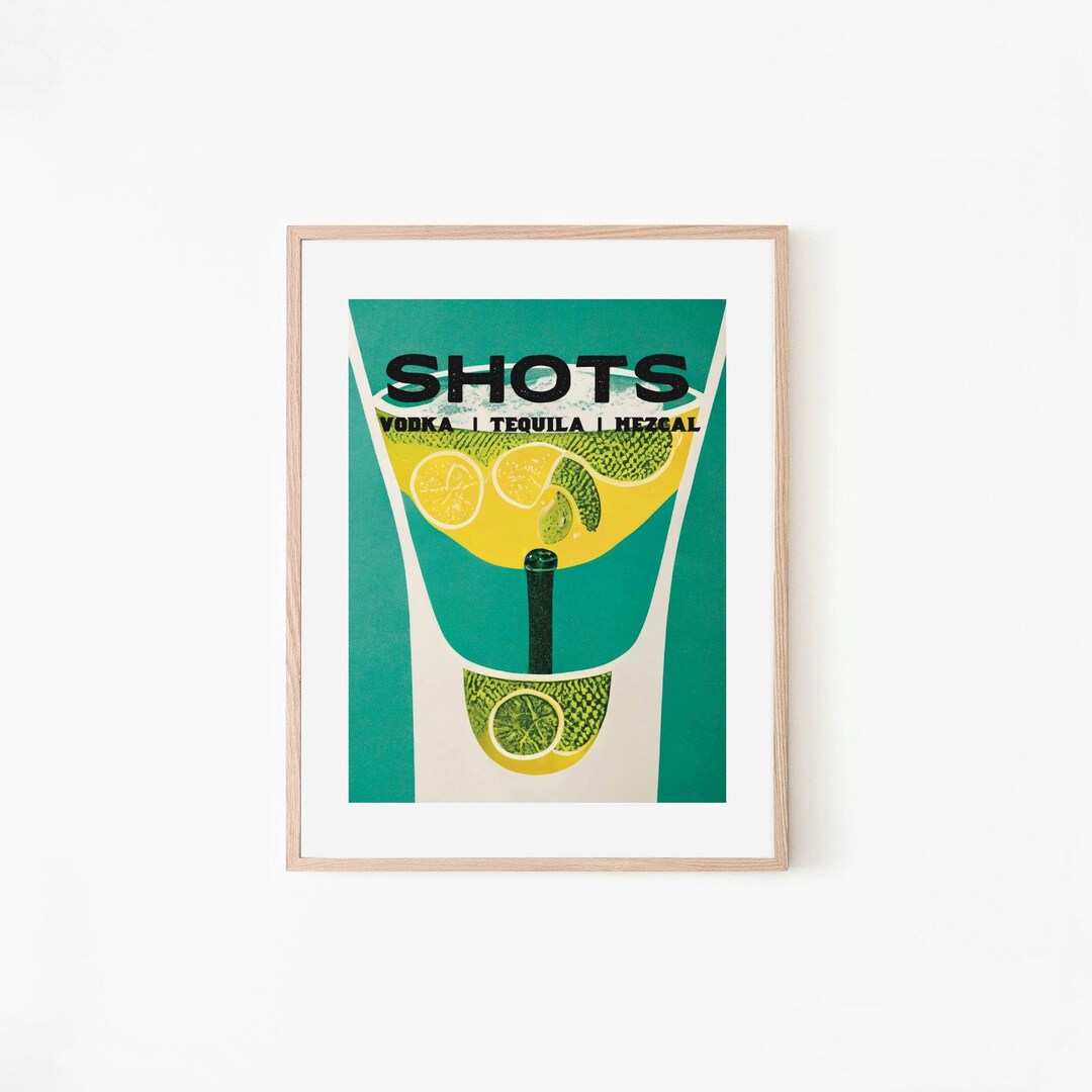 Shots Retro Cocktail Poster Vodka Tequila Mezcal Bar Prints | Vintage ...