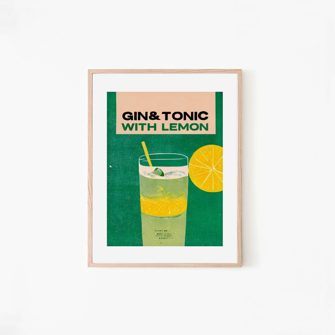 Gin Tonic Retro Cocktail Poster G&T With Lemon Bar Prints Vintage ...