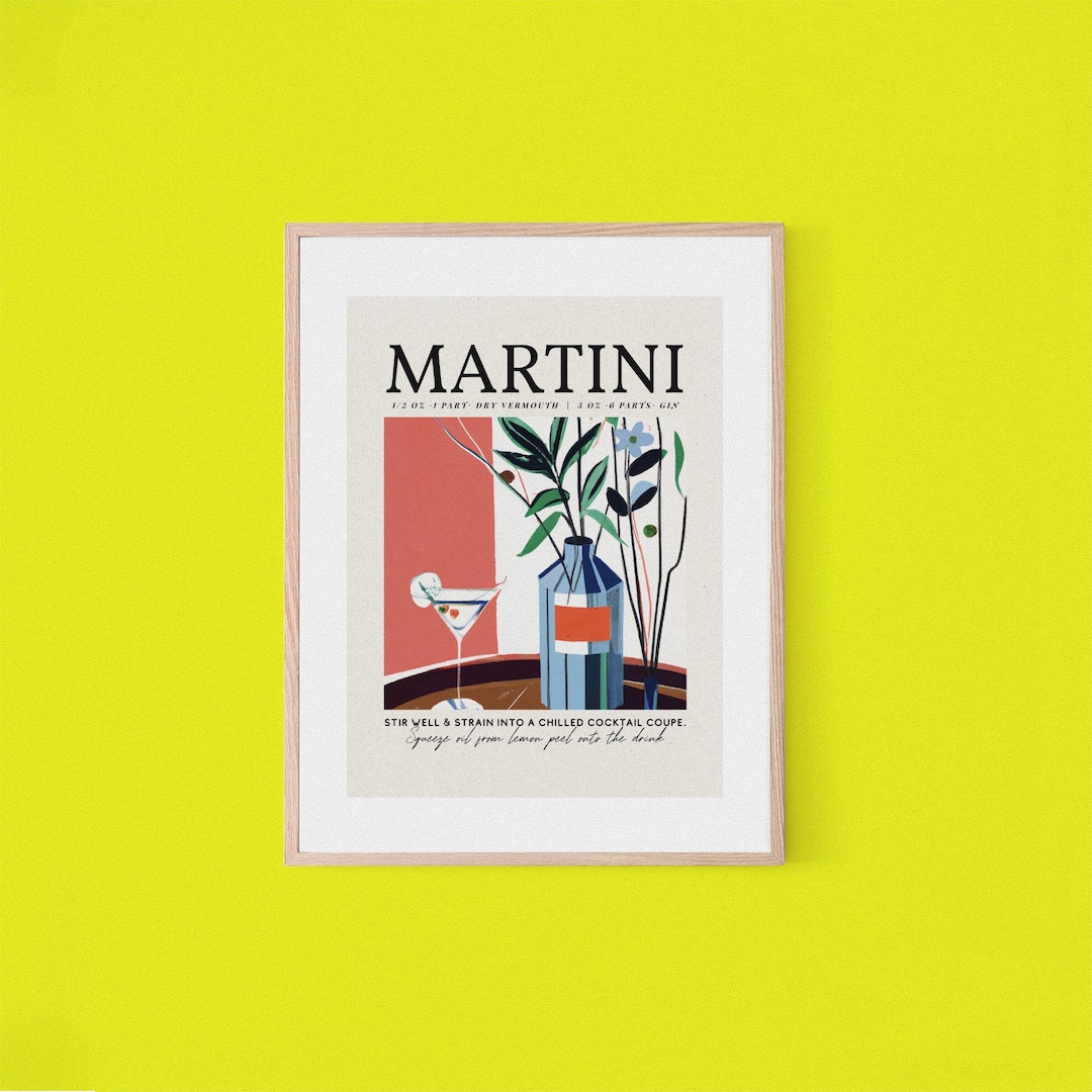 Martini Classic Cocktail Poster | Retro Bar Wall Art | Recipe ...