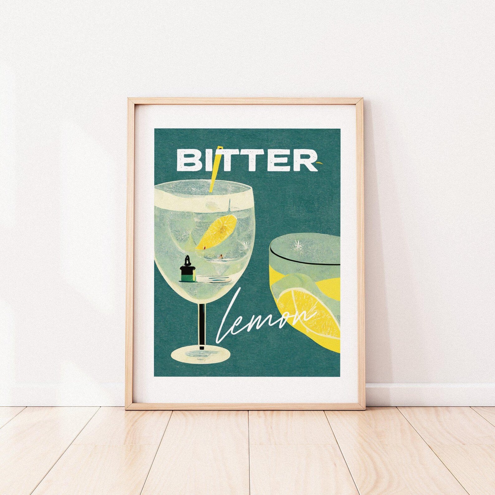 Bitter Lemon Retro Cocktail Poster Bitter Lemon Lighthouse Bar Prints Vintage Drinks Recipe Wall ...