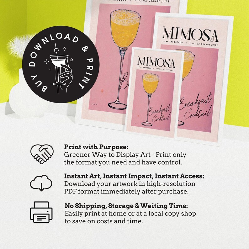 Mimosa Retro Cocktail Poster Breakfast Cocktail Pink Bar Prints Vintage ...