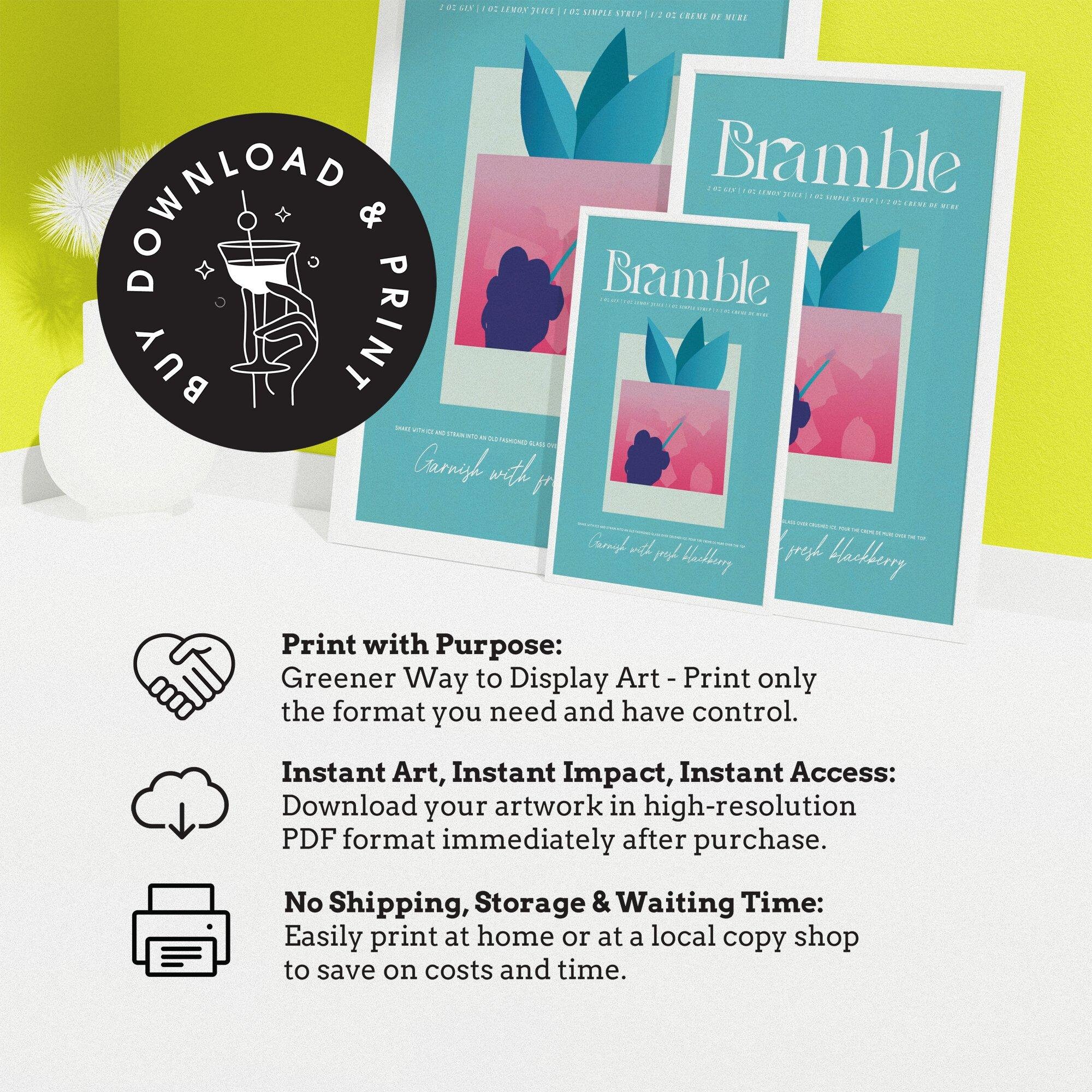 Bramble Blue Cocktail Poster Retro Bar Wall Art Recipe Housewarming ...