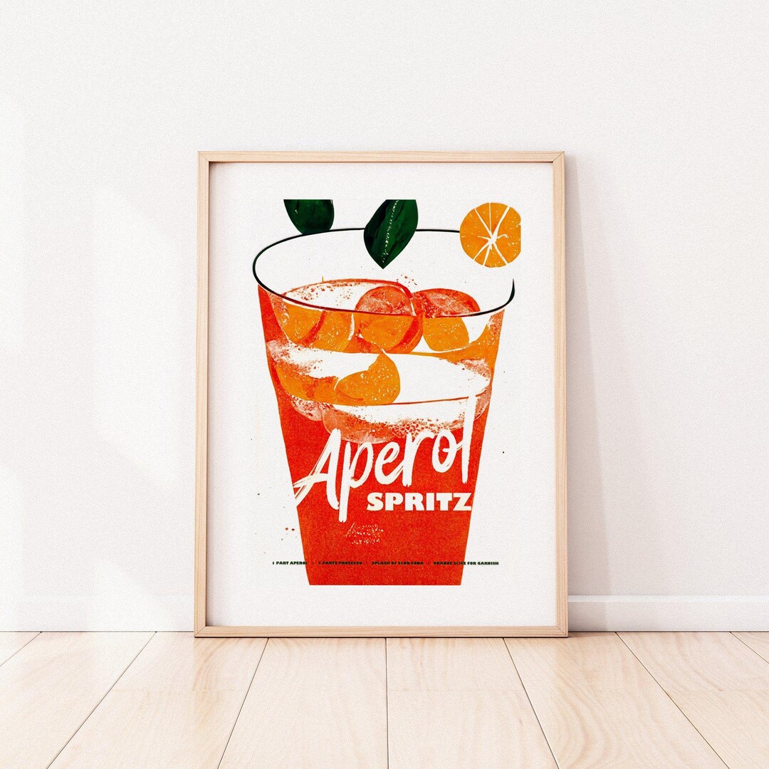 Retro Aperol Spritz Poster Risograph Orange Homebar | Kitchen Bar ...
