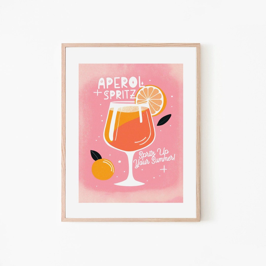 Sipping Summer Aperol Spritz Pink Glass | Retro Cocktail Poster | Pink ...