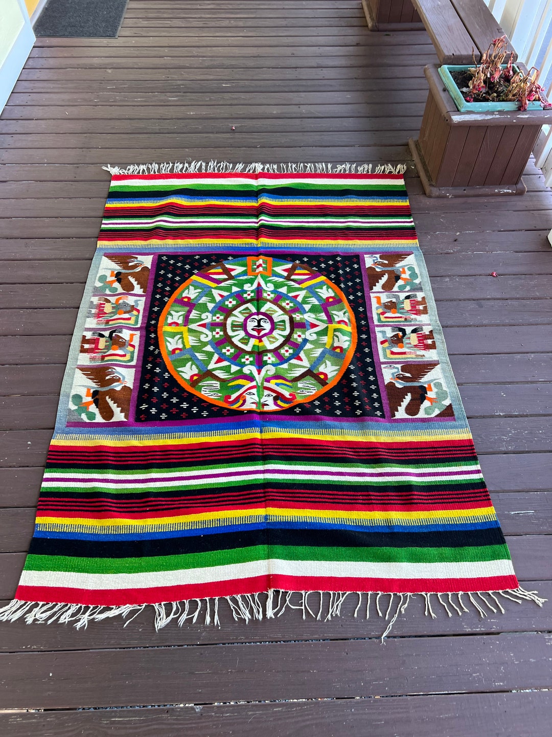 Vintage Colorful Striped Aztec Sun Motif Rug - Etsy