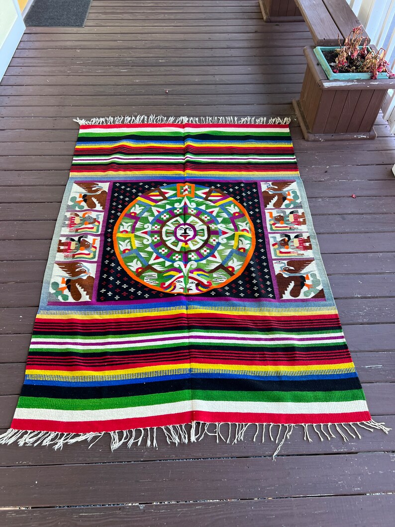 Vintage Colorful Striped Aztec Sun Motif Rug - Etsy