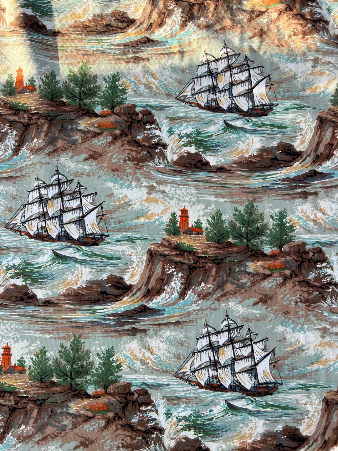 Vintage Nautical Lighthouse and Ship Fabric - by the Yard - Etsy
