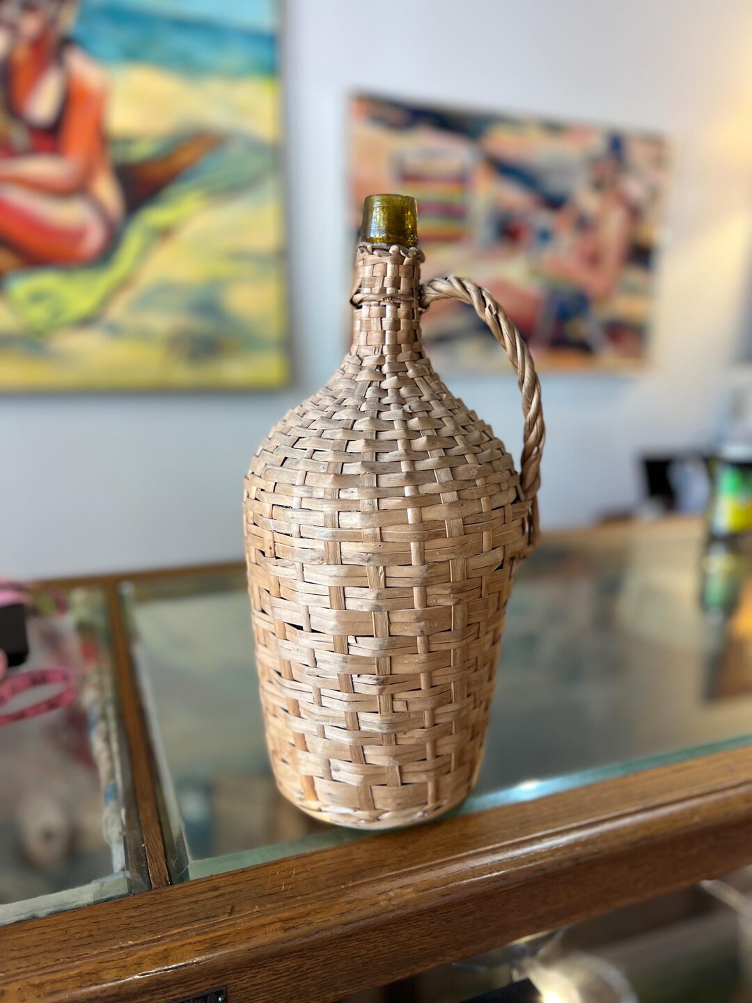 Vintage Wicker Wrapped Glass Bottle Demijohn Medium - Etsy