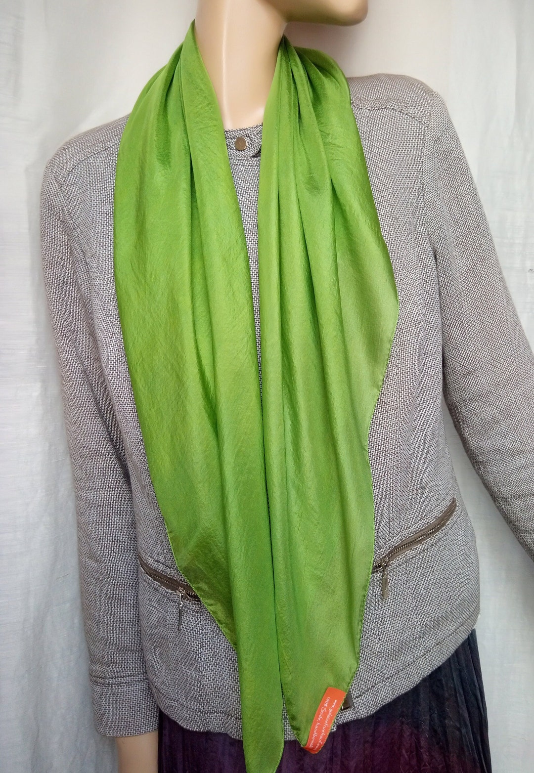 Silk Scarf Green, Lime Green, Plain, Neckerchief, Silk Foulard, Silk ...
