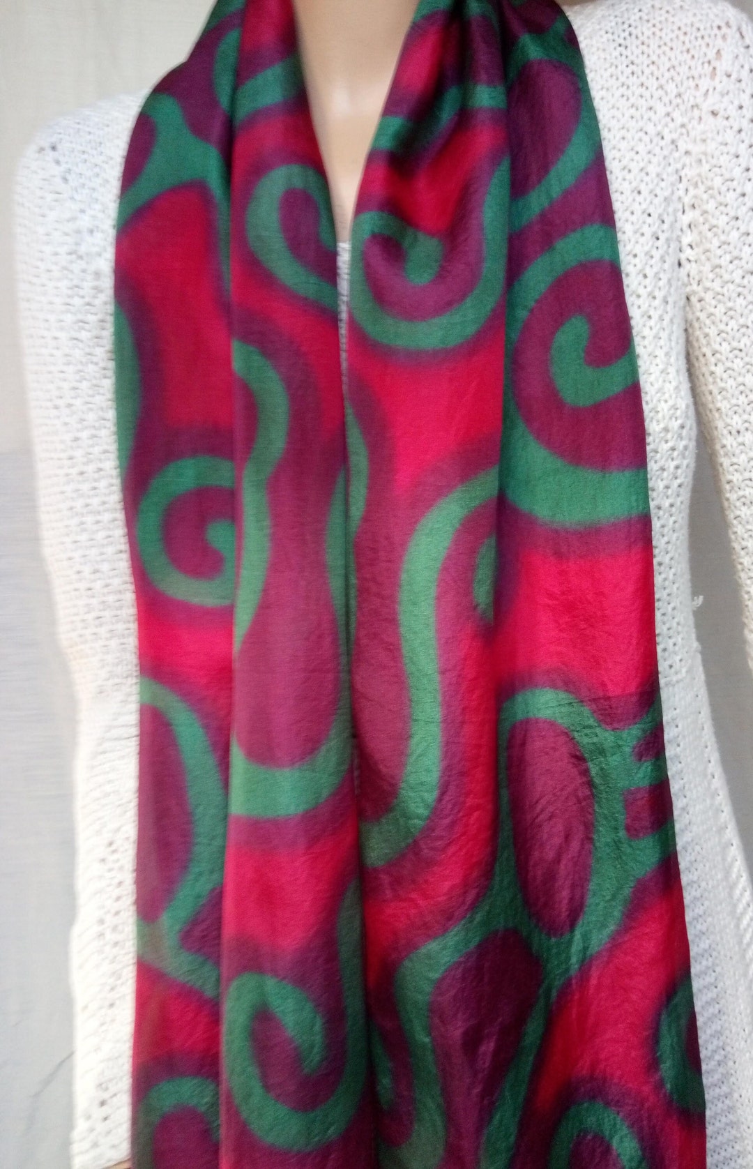 Seidenschal, handbemalt, rot und grün , Seidenfoulard, 55 x 150 cm ...