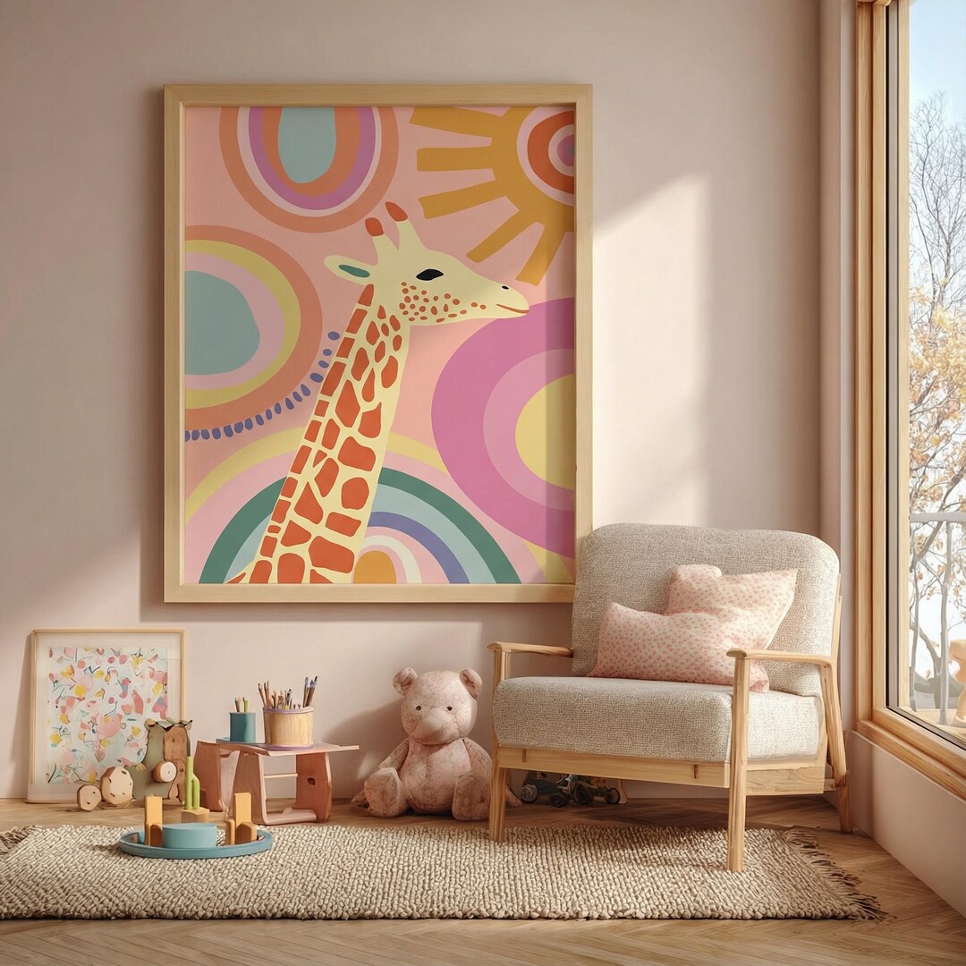 Colorful Giraffe Nursery Art, Playful Rainbow Baby Room Print (digital ...