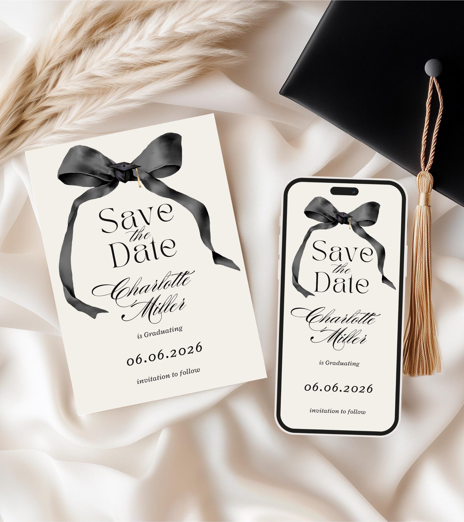 Bow Graduation Save the Date Template: Minimalist Party Invites ...