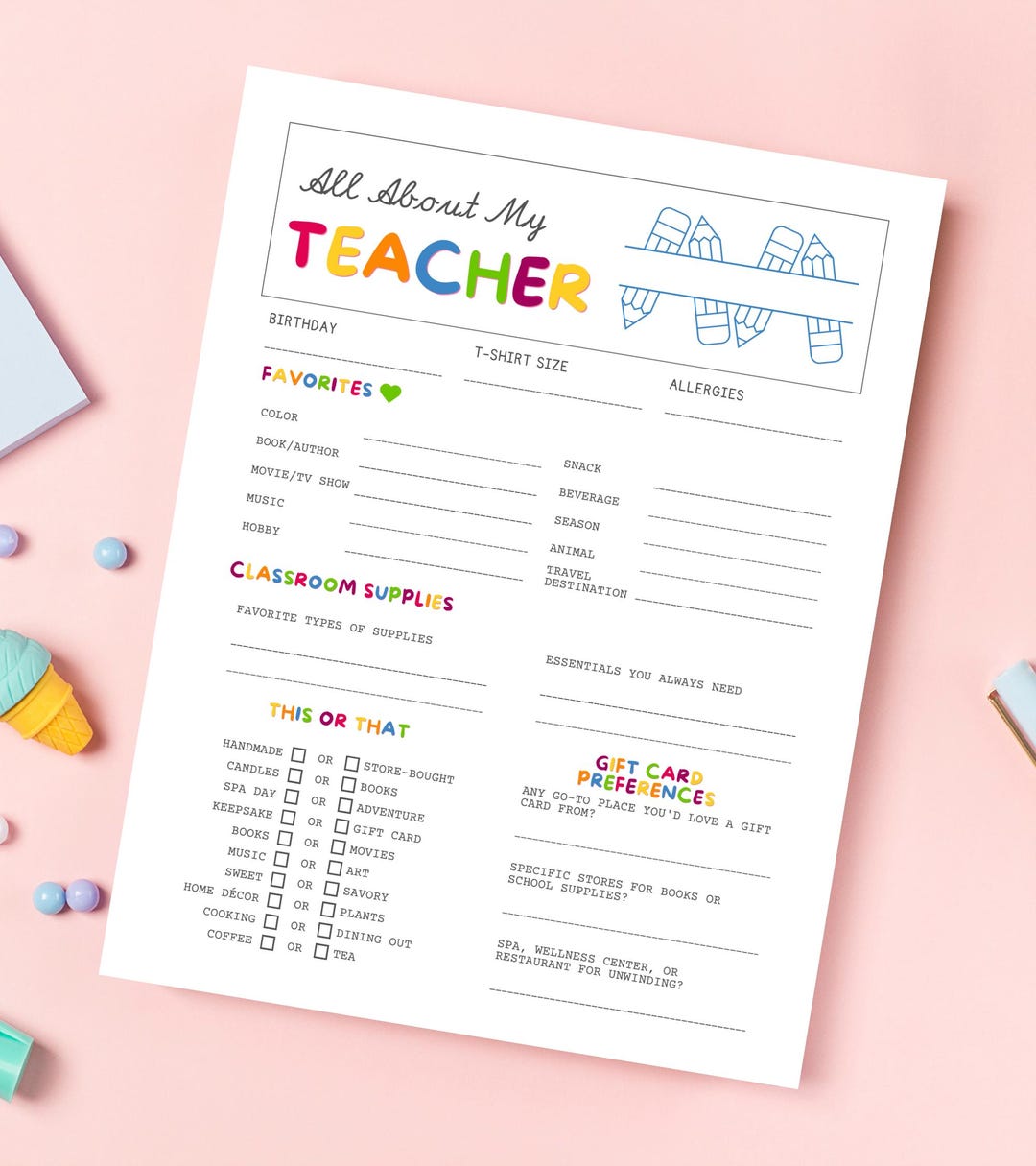 Editable Teacher Favorites Survey: Back to School Gift Printable (canva ...