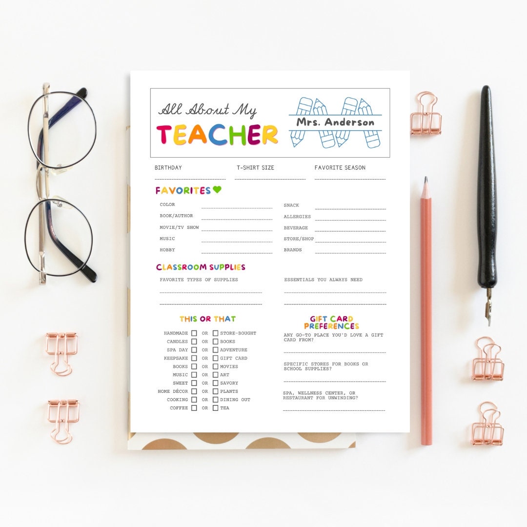 Editable Teacher Survey, Teacher Favorites Survey Printable, Teacher ...