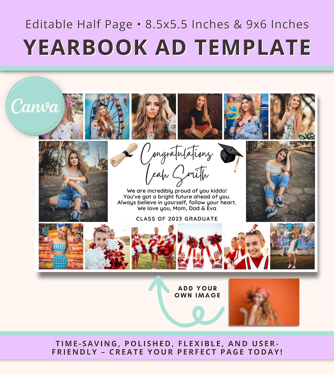 Editable Graduation Yearbook Ad Template: Half Page Canva (8.5x5.5 ...