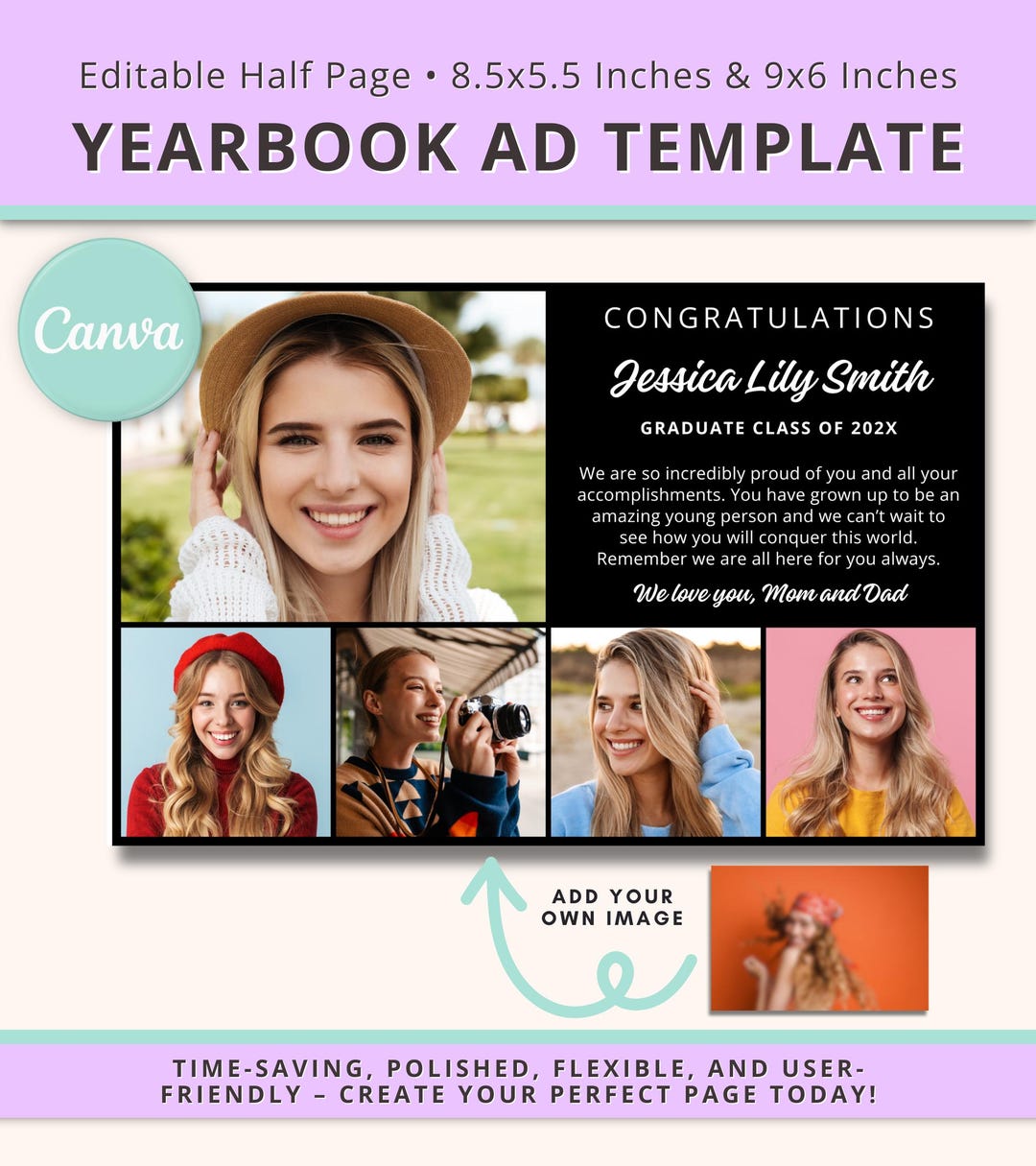 Editable Senior Yearbook Ad Template: Half Page Canva Layout (digital ...
