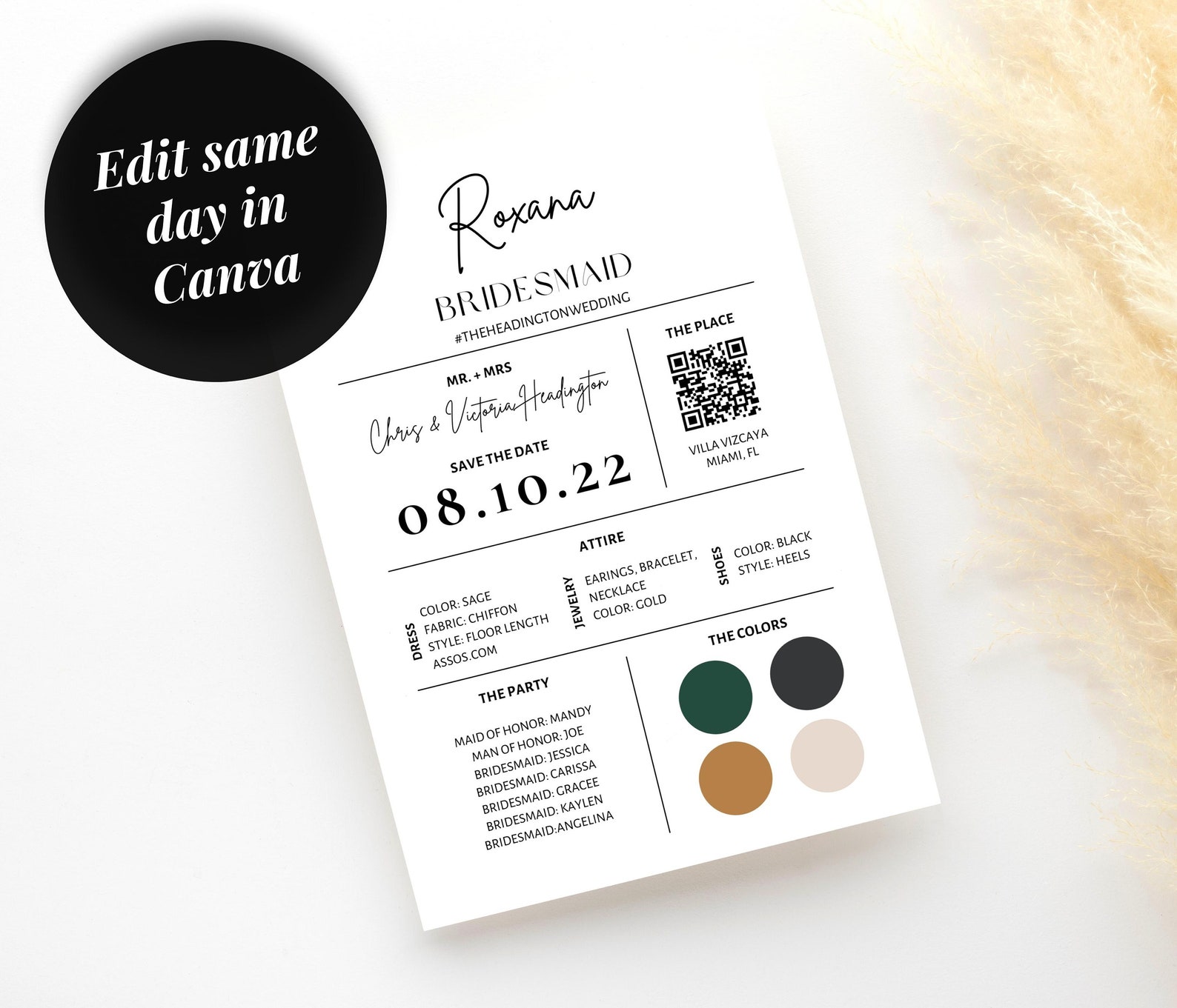 Canva Template Bridesmaid Info Card Bridesmaid Proposal Info Etsy