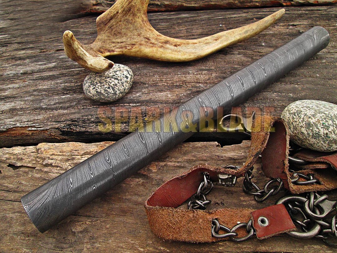 5" Long Custom Handmade Damascus Steel Round Bar With 32mm(approx ...