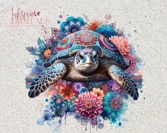 Boho Chic Watercolor Floral Sea Turtle Clipart, for Sublimation ...