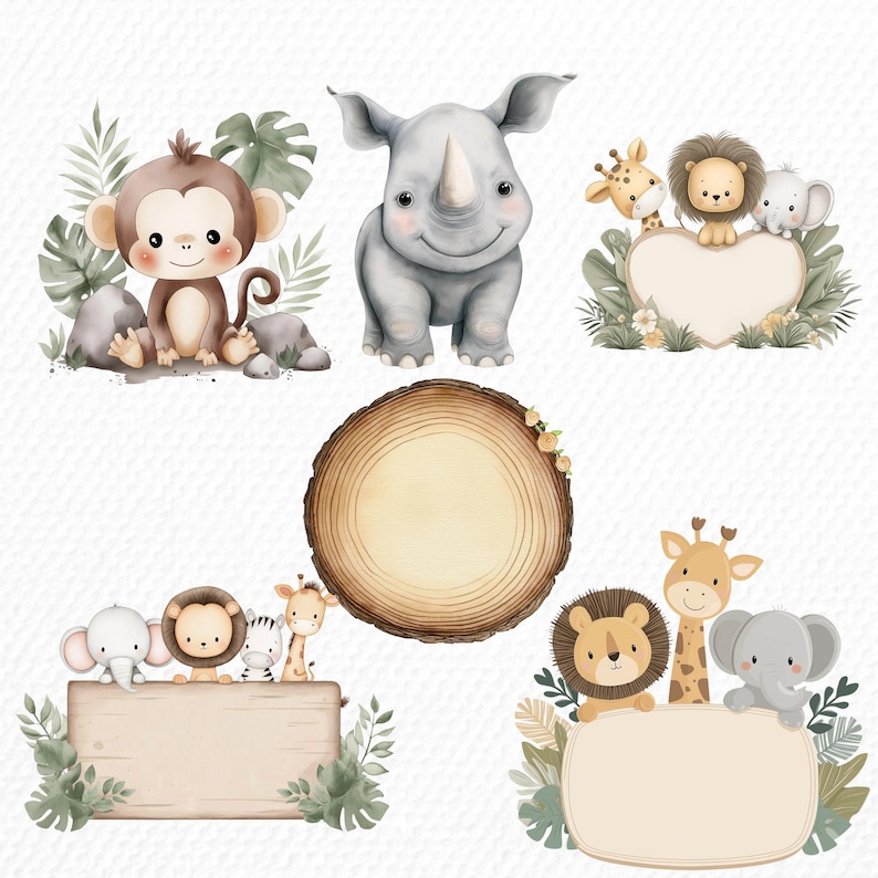 Safari Animals Watercolor Clipart Pngs for Baby Nursery, Shower and ...