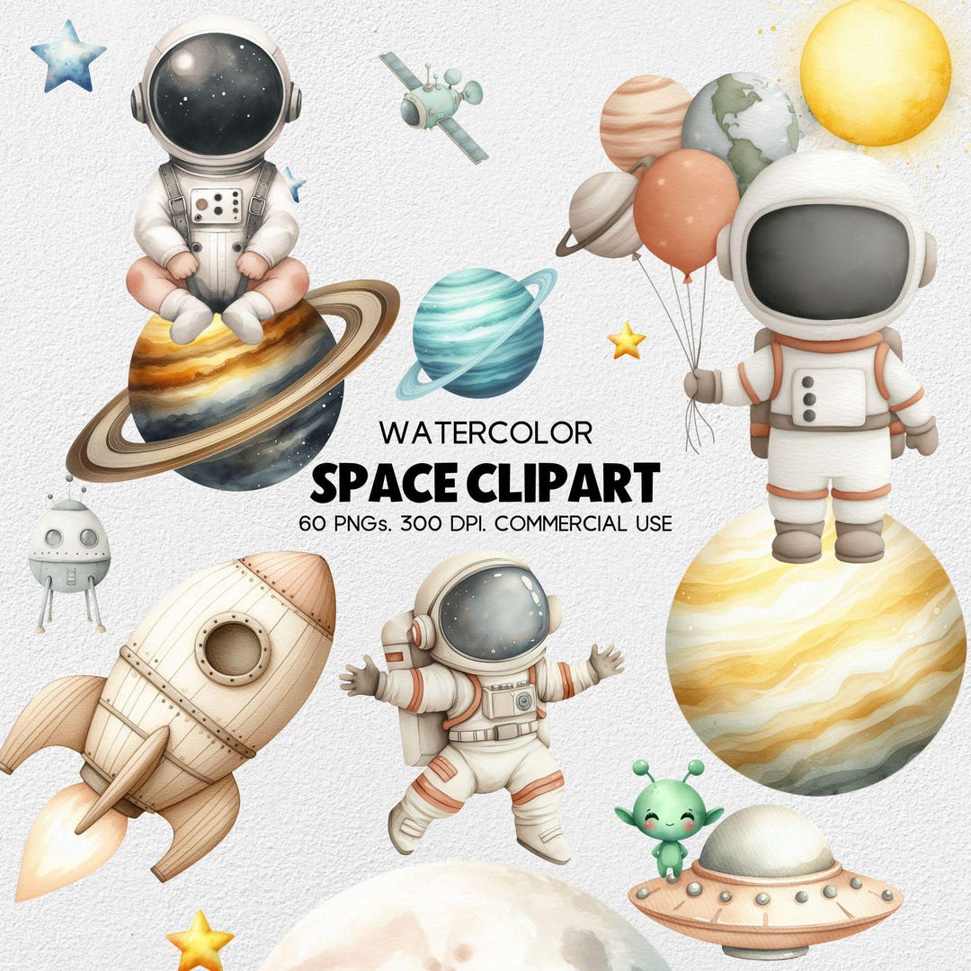 Space Watercolor Clipart, Astronauts, Planets and Rockets Nursery Decor ...