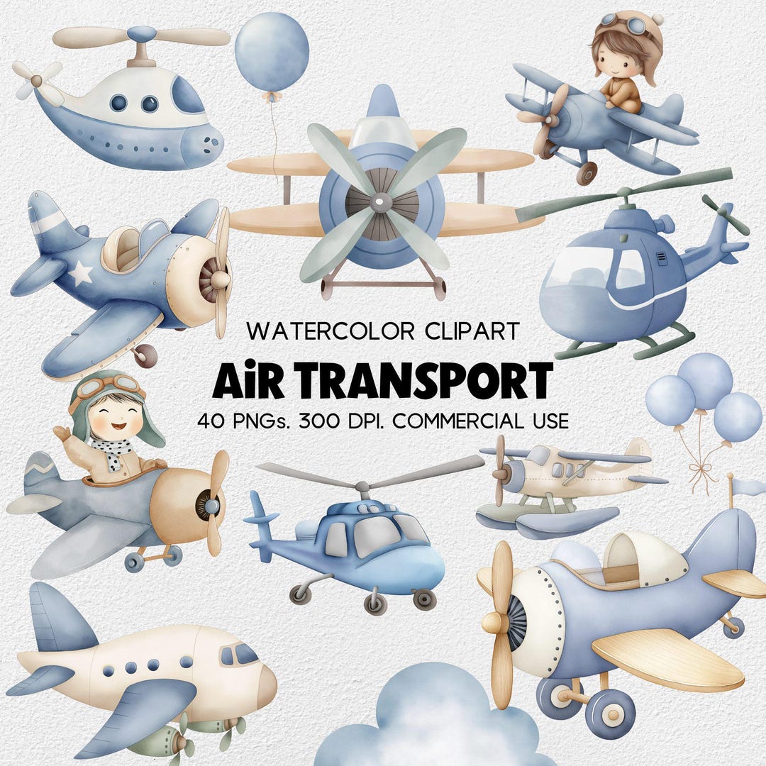 Watercolor Airplane Clipart, Air Transport PNG, Baby Boy Decor (digital ...