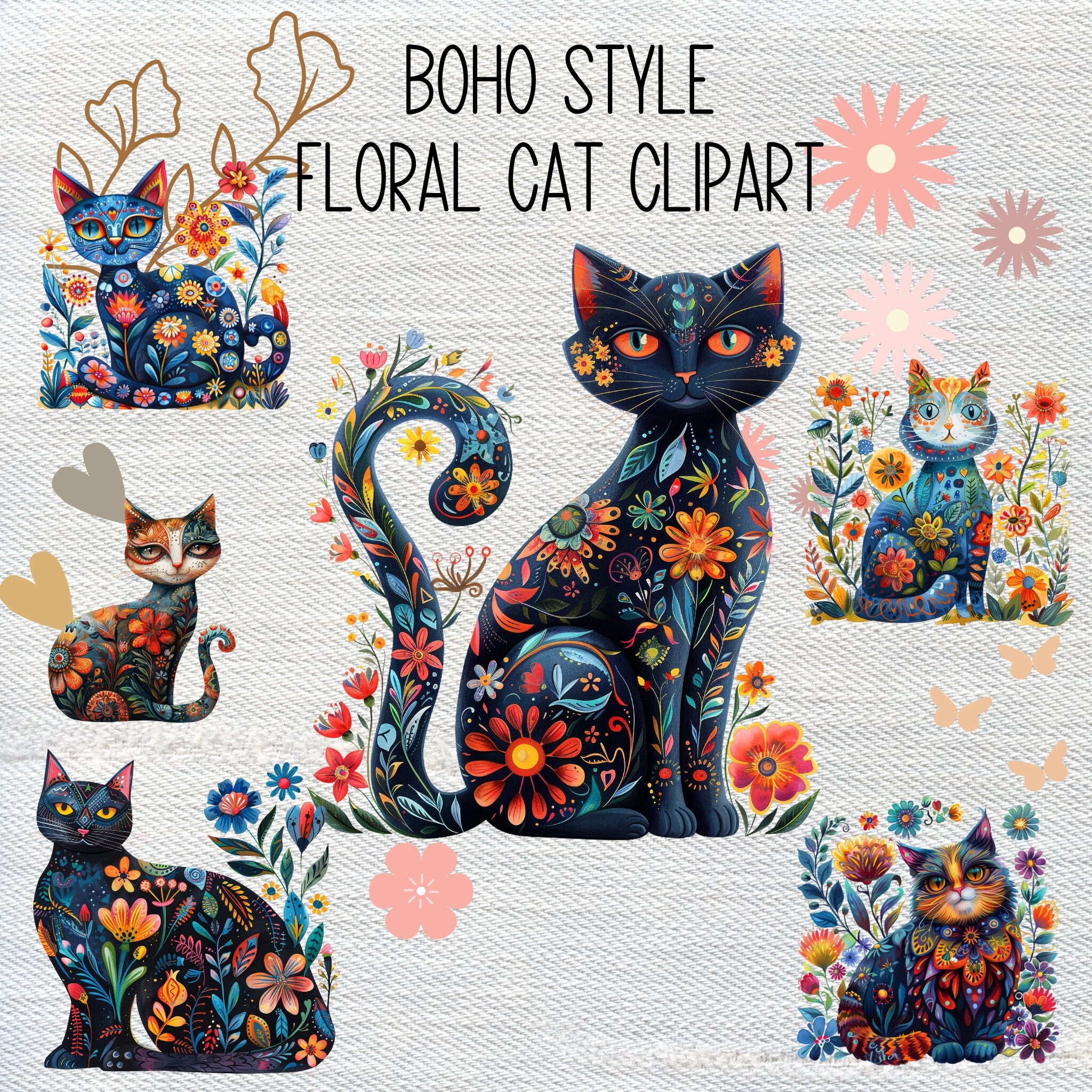 Cool Cats Clipart, Boho Transparent PNG, Commercial Use, Instant ...